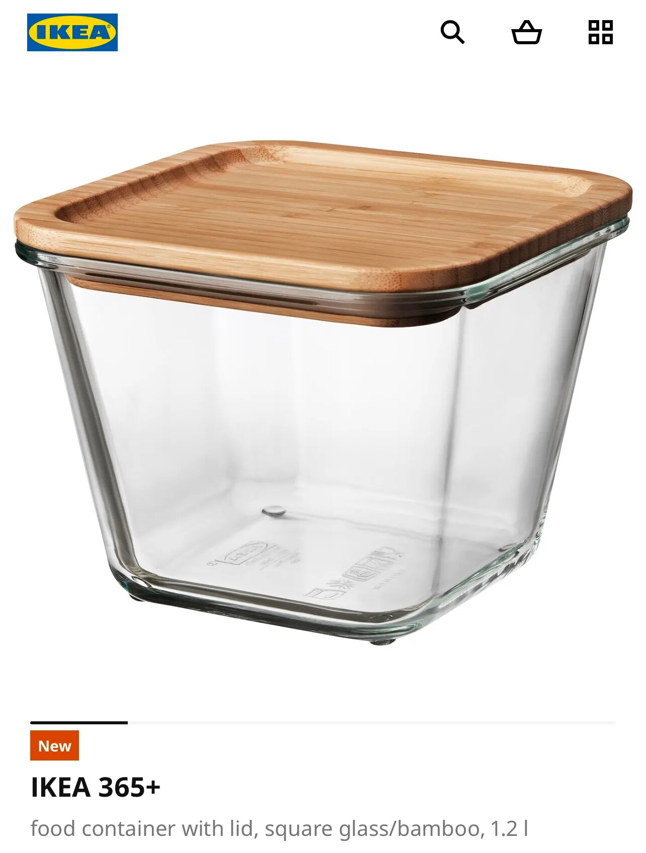 Пищевой термостойкий контейнер с крышкой IKEA 365+, квадратный стекло/бамбук, 1,2 л
