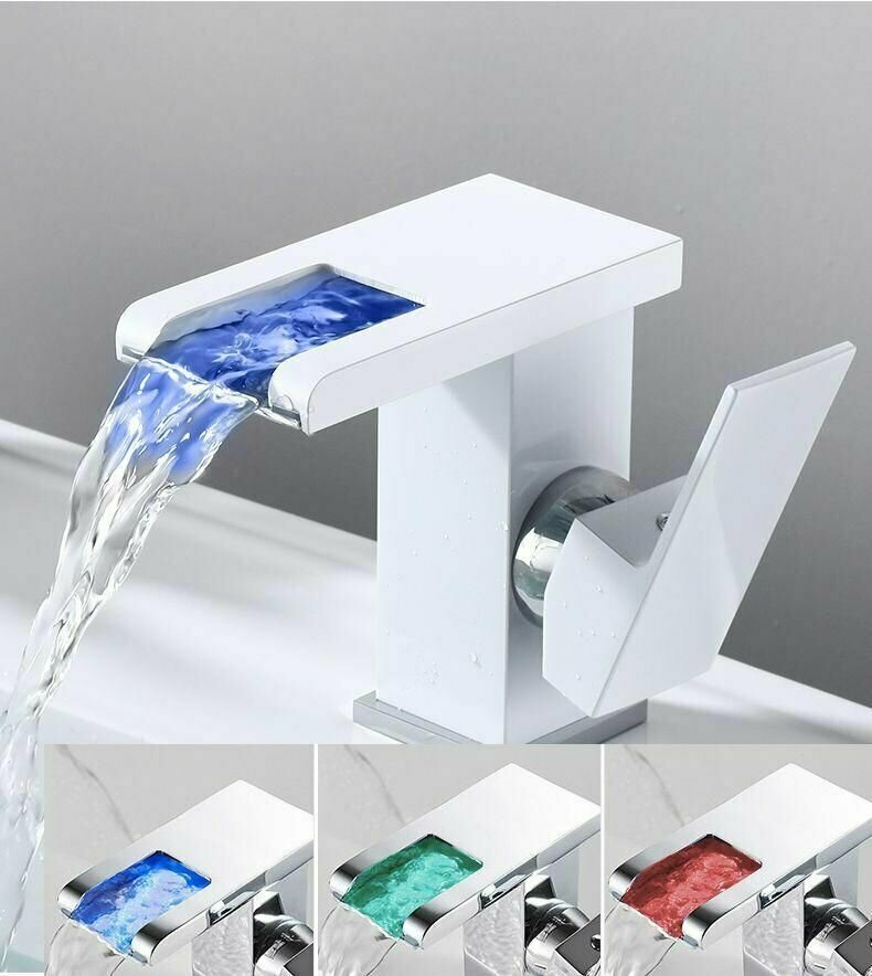 Смеситель для раковины в ванной со светодиодной подсветкой, 3 цвета синхронизация температуры воды, меняющие цвет излива водопада, смеситель для холодной и горячей воды Черный / серебристый