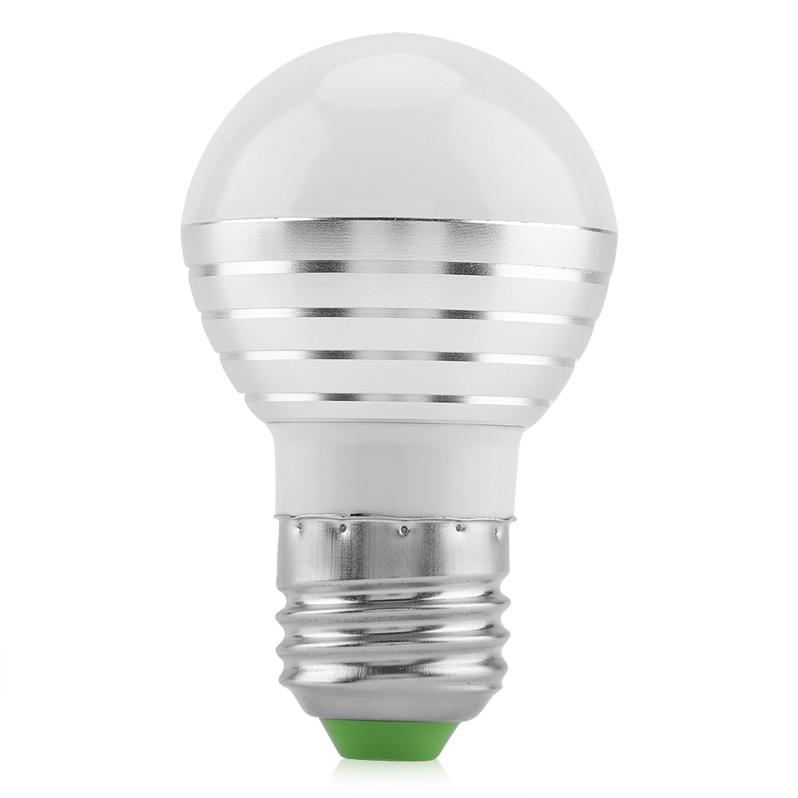 Лампа LED E27 3W RGBW с 16 цветами и пультом управления, материал алюминиевый сплав + ПК, входное напряжение AC 85V-265V, поток 150lm, размер 50x80mm, вес 65g, в комплект входят 1 лампа и 1 пульт