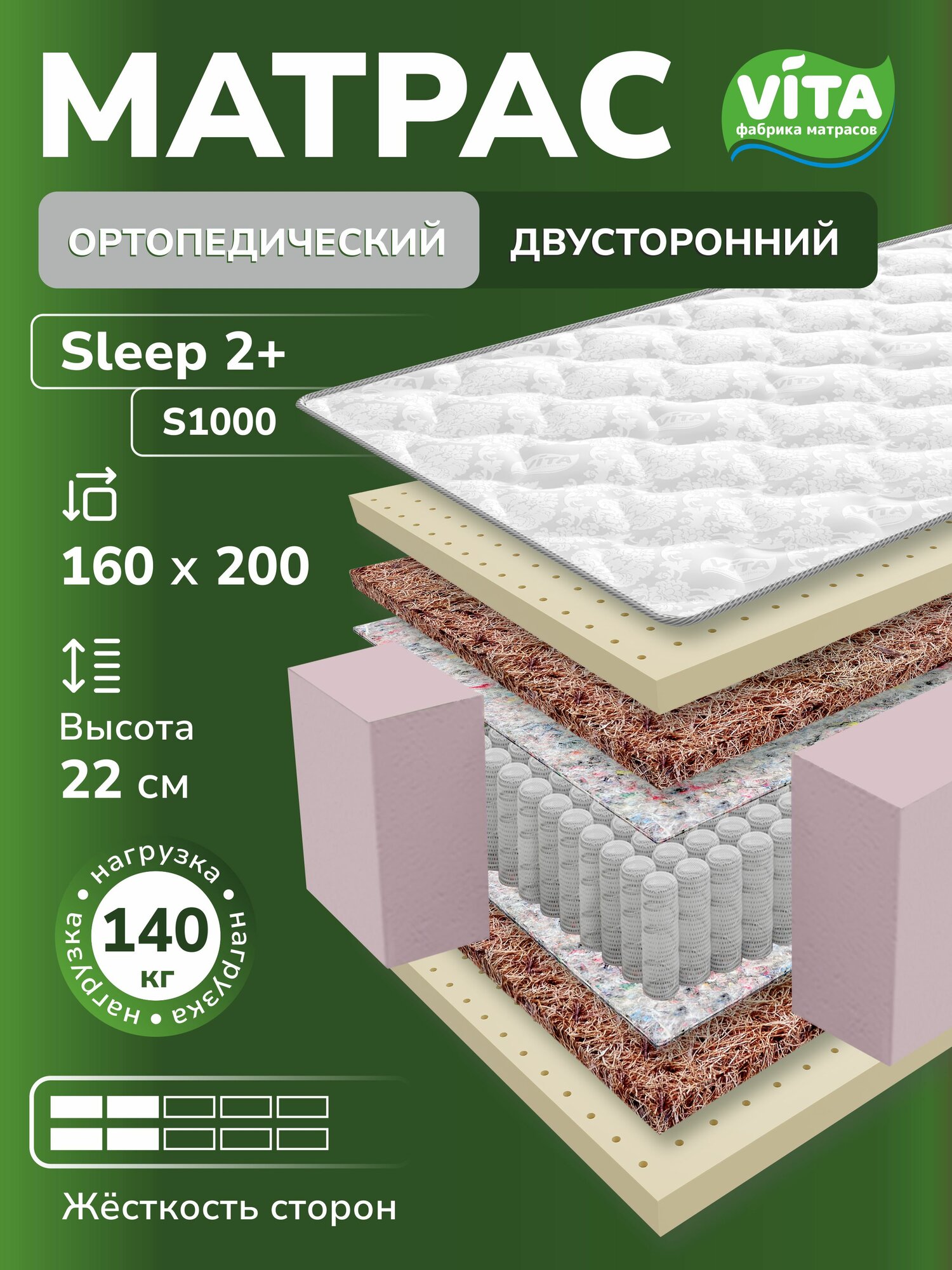Матрас ортопедический VITA Sleep 2+ (160х200), независимые пружины S 1000