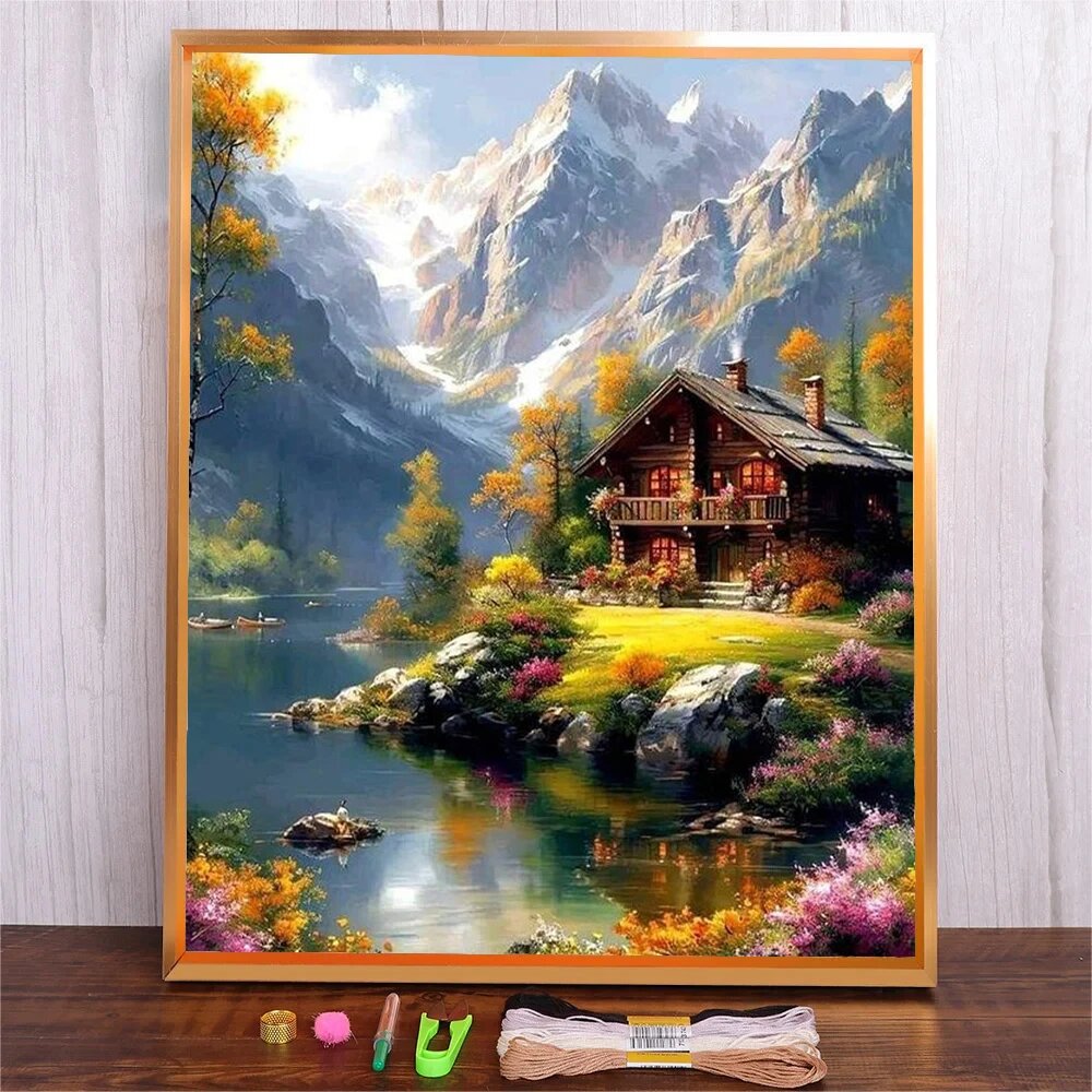 Набор для вышивания с узорами и инструкциями, горный дом, набор для вышивки крестом для начинающих, сделай сам, для взрослых, начинающих с пейзажем