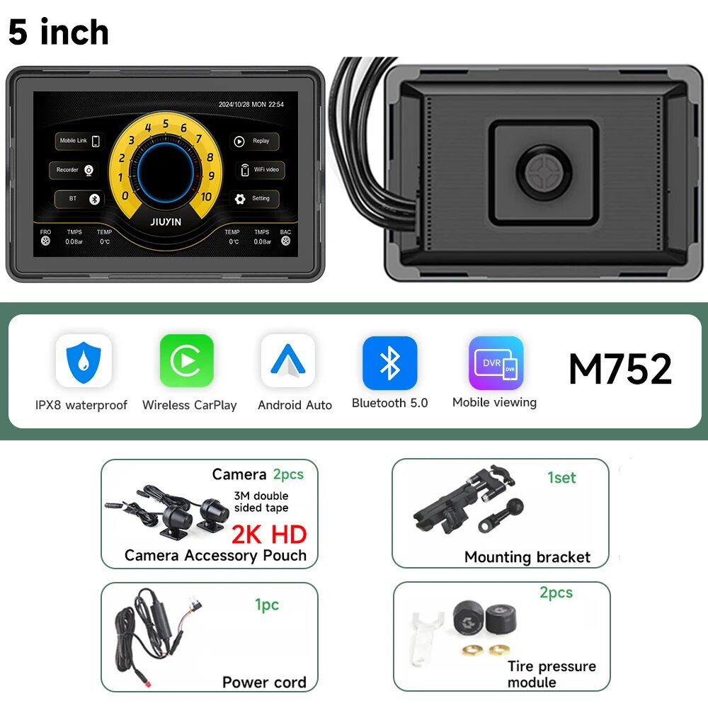 5-дюймовый мотоциклетный GPS-навигатор, беспроводной CarPlay Android Auto, мультимедийный плеер, 2K HD-рекордер, IP67, водонепроницаемый экран, Bluetooth M752-TMPS