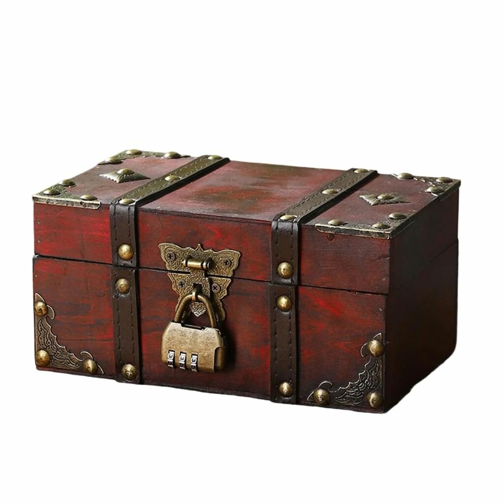 Старинный деревянный ящик для хранения с замком, декоративной откидной крышкой, Небольшой сундучок монет, ювелирных изделий, сувениров, домашнего декора