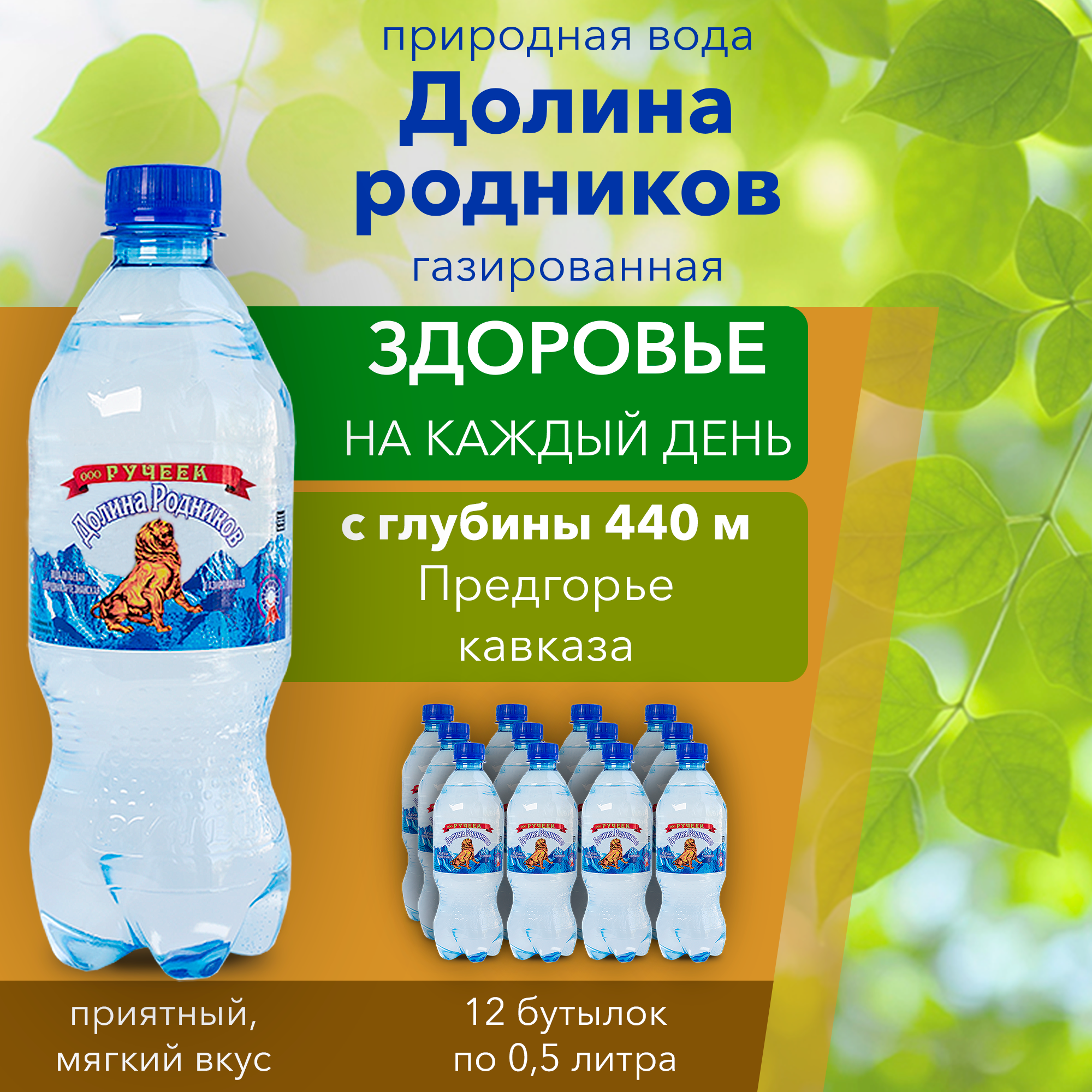 Вода Долина Родников. Объем 0.5л*12. Ручеек, Газированная, Вода минеральная питьевая газированная природная лечебная,