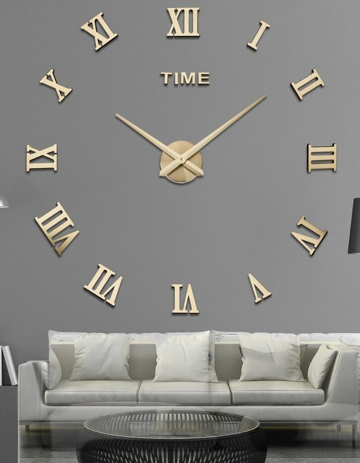 3D настенные часы Римские цифры золото объемный дизайн, стиль в интерьер
