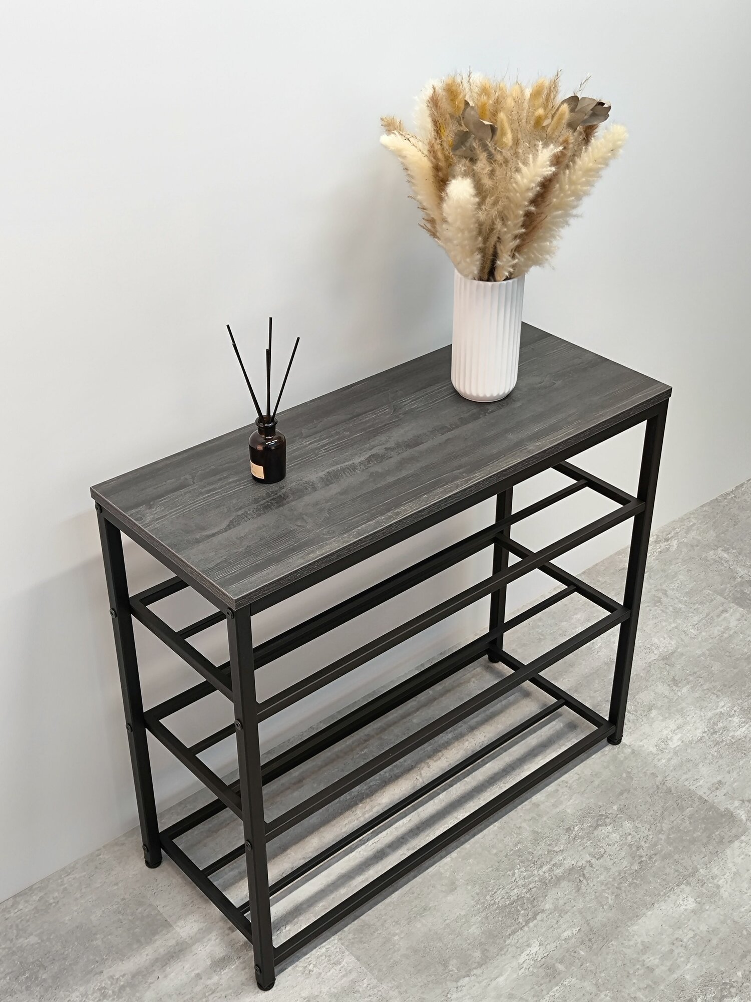 Обувница для прихожей "Мэйли" 3 полки / 76х30х66см / черный каркас - ЛДСП черное дерево