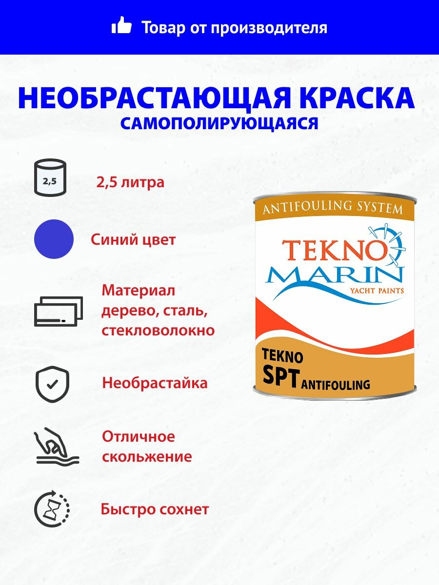 Необрастающая самополирующаяся синяя краска 2,5 л антифоулинг, Tekno Spt Teknomarin