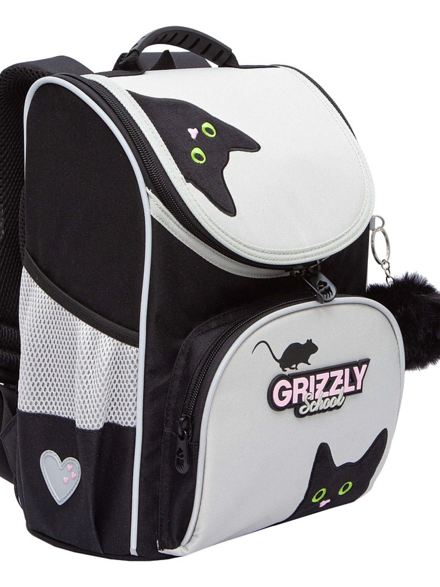 Школьный ранец для девочек GRIZZLY RAm-584-1, черный - серый + мешок для обуви в подарок