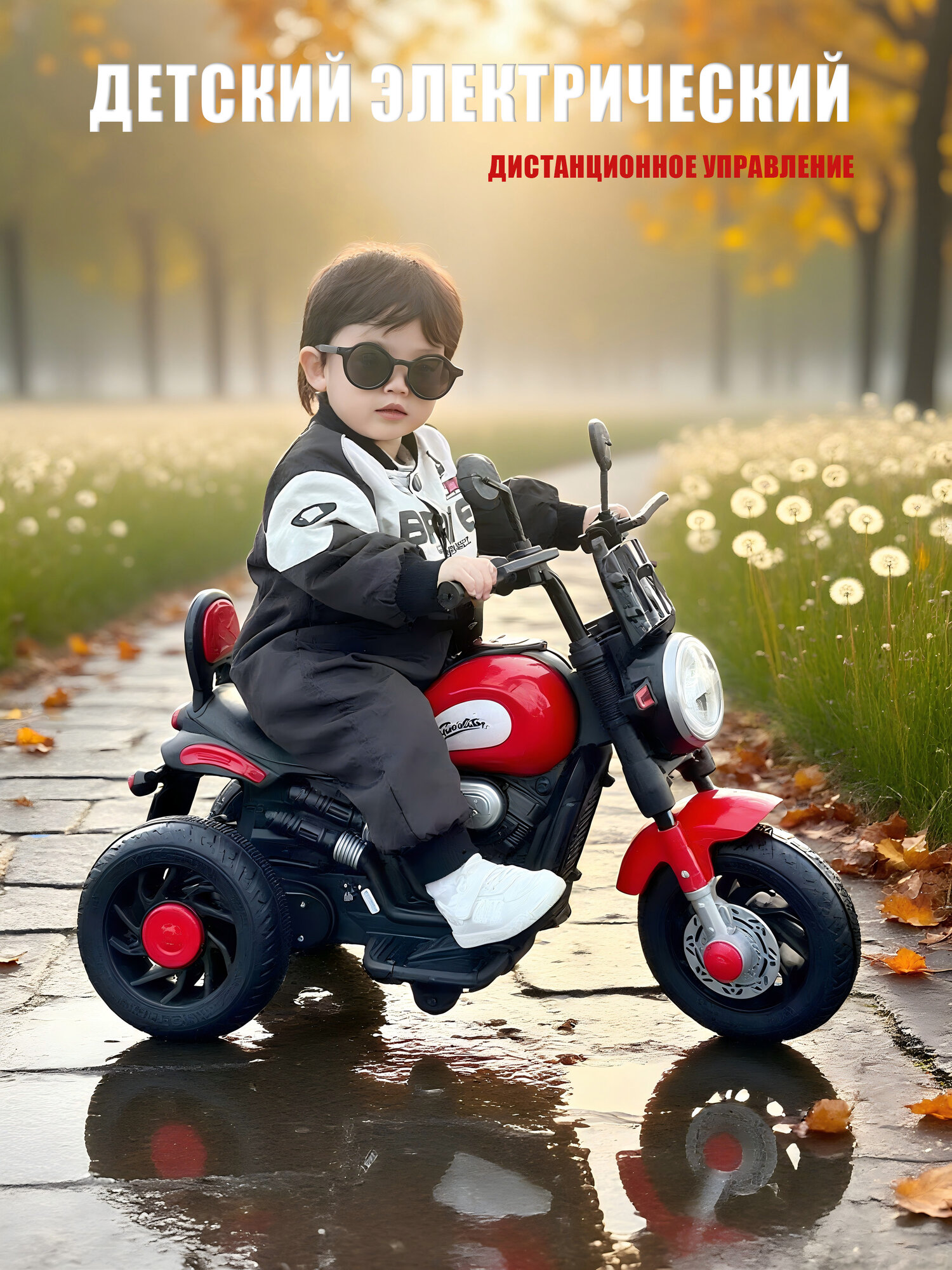 Детский электрический мотоцикл, нескользящие колеса, со светом, музыкой, c дистанционным управлением, подарки для детей