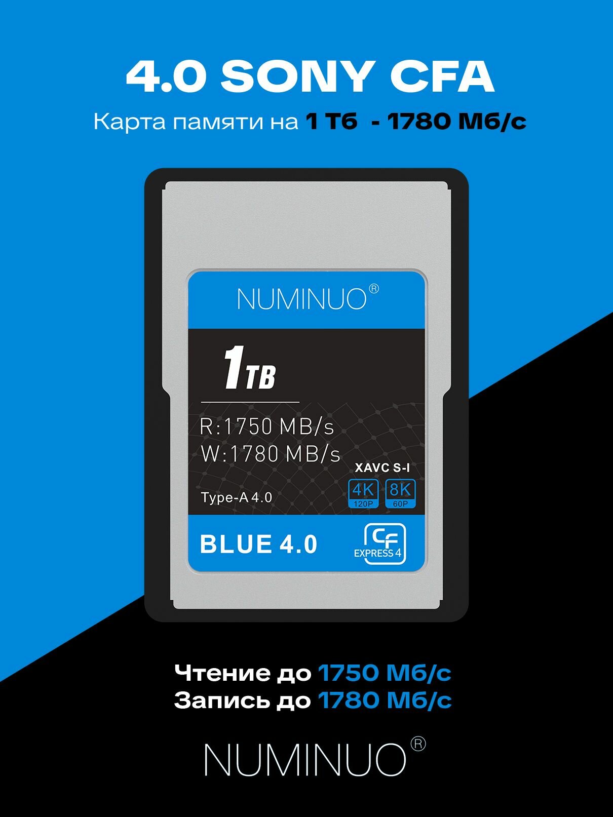 Карта памяти NUMINUO 1 ТБ CFexpress Type A 4.0 BLUE для видеокамер SONY, запись - 1780 Мбайт/сек, чтение - 1750 Мбайт/сек