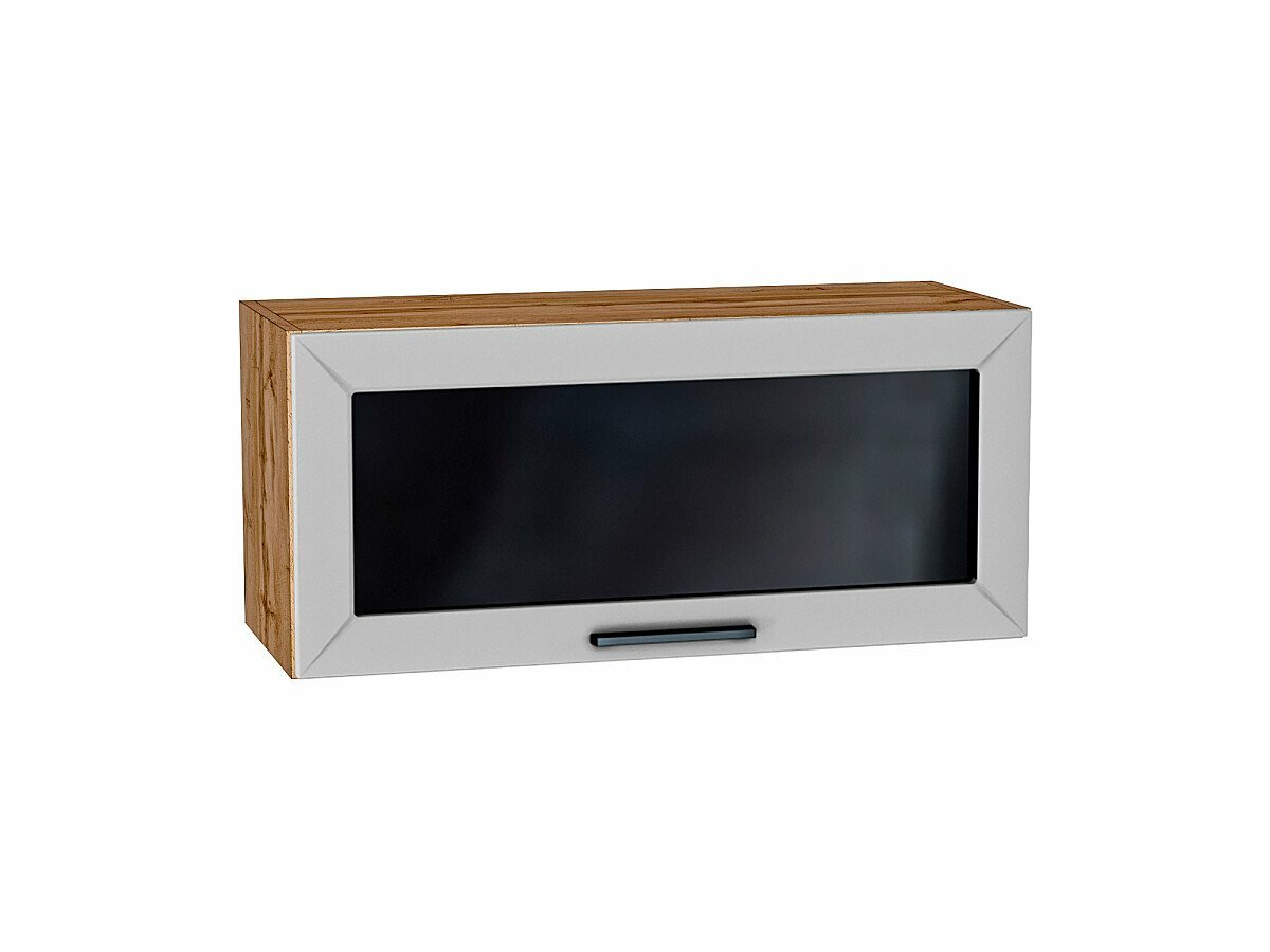 Шкаф верхний горизонтальный остекленный Глетчер, цвет фасада Гейнсборо Силк, цвет каркаса Дуб Вотан, стекло Lacobel «Black», 358*800*318 мм