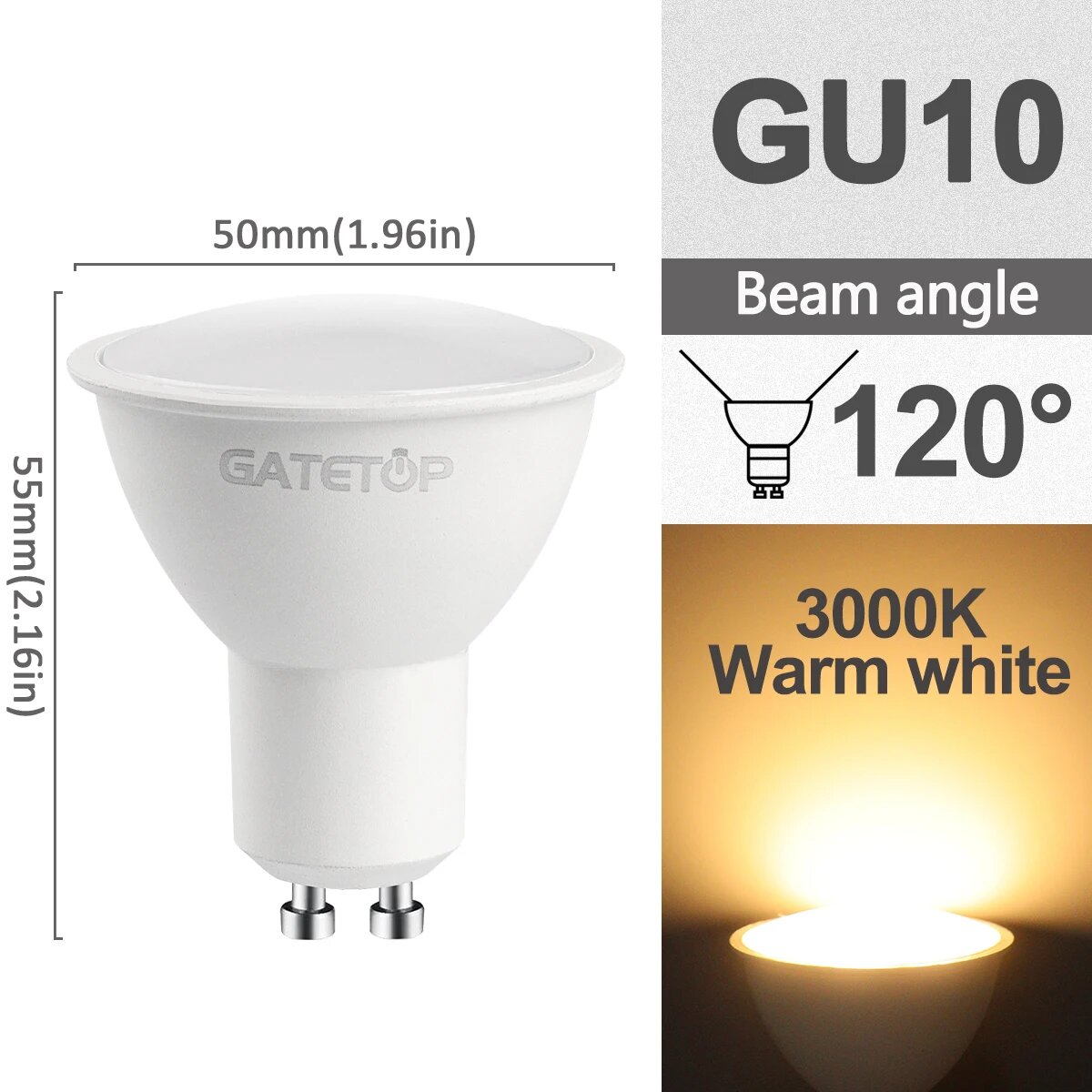 Светодиодная лампа GU10, 9Вт, 3000K, 120°, диммируемая, Warm white