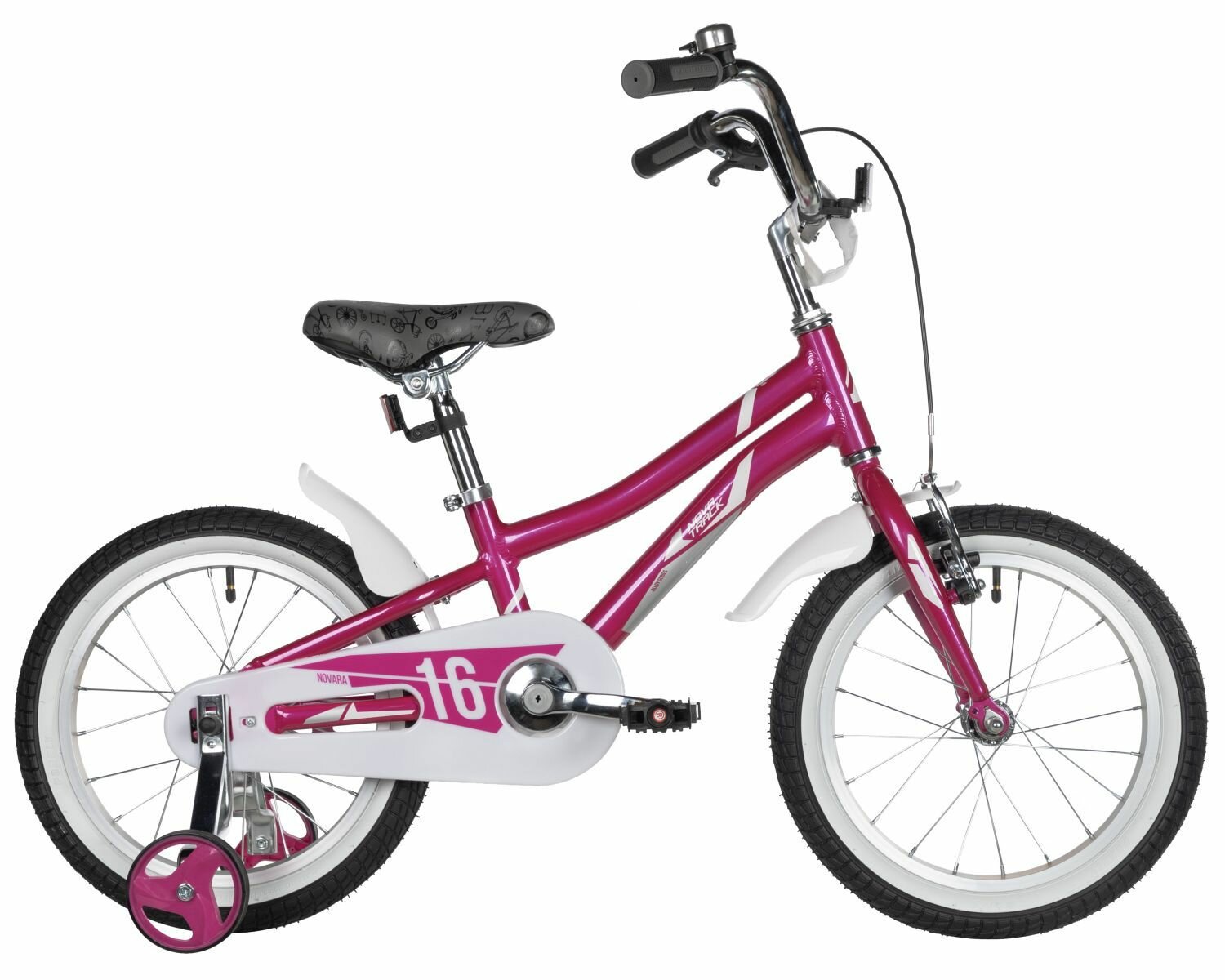 Велосипед NOVATRACK 16" NOVARA алюм, фуксия, пер. руч, зад. нож. тормоз, короткие крылья, полная защ