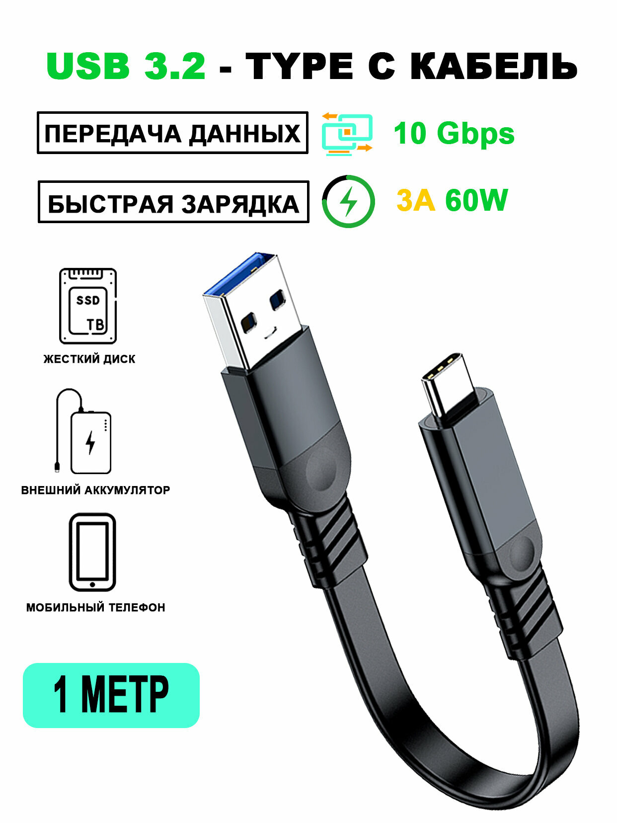 USB 3.2 Gen 2 Type-C кабель, 10 Гбит/с, 3A 60Вт, плоский