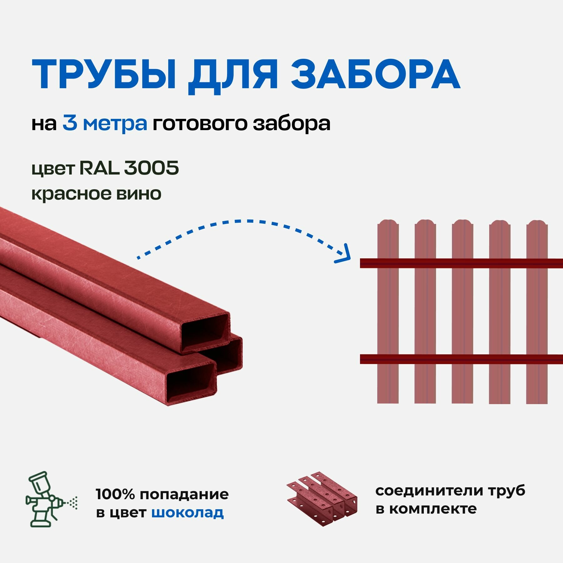 Трубы металлические для штакетников с соединителем, 3 метра, красное вино