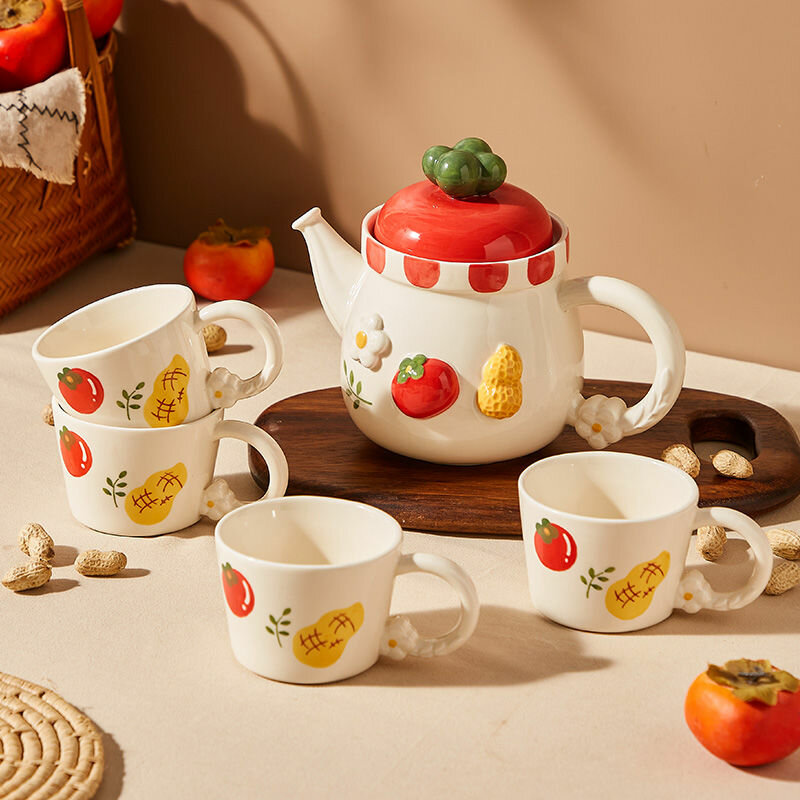 Объемная декоративная керамическая посуда для фруктов и овощей，1 чайник и 4 чашки