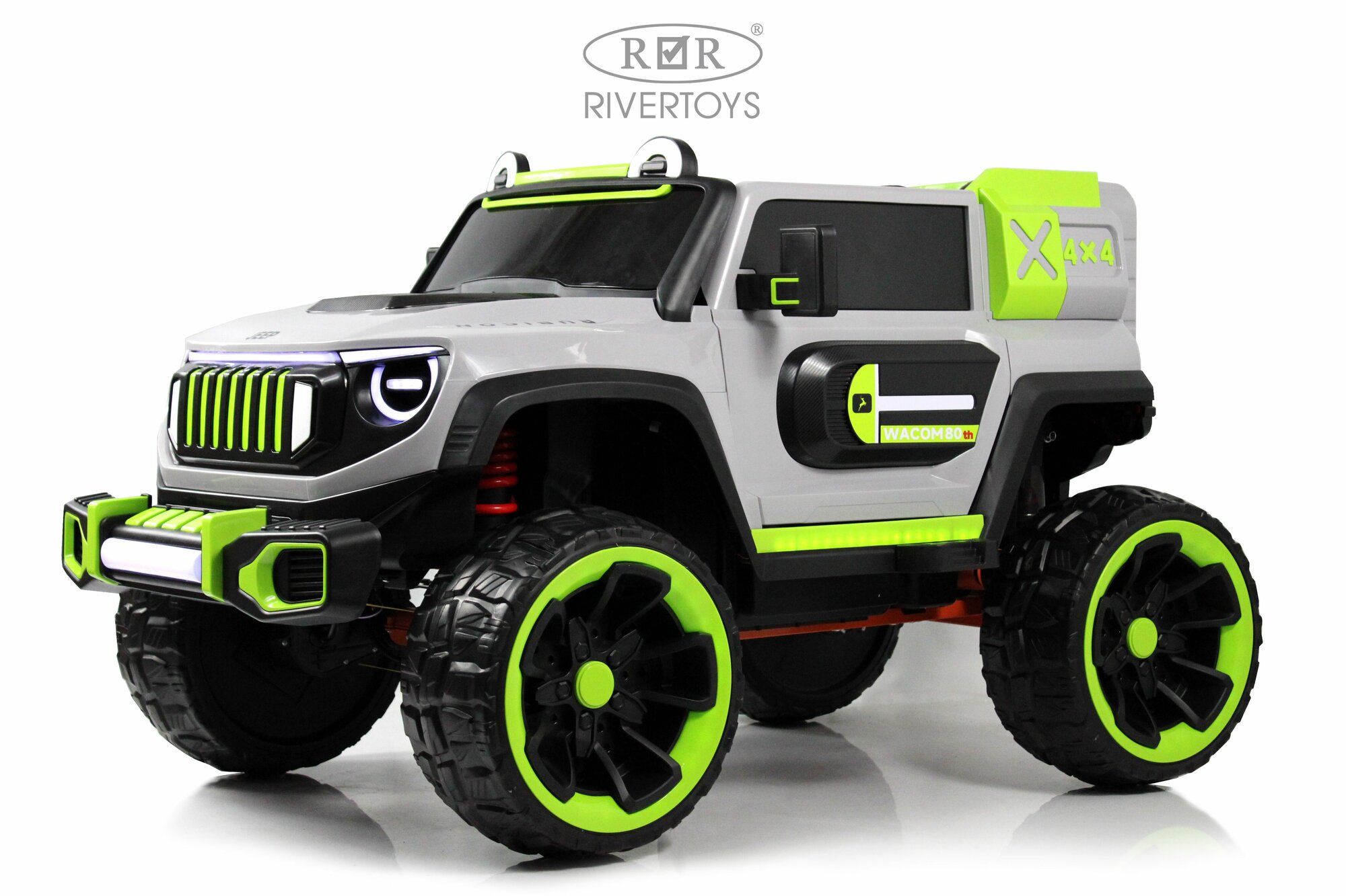 Детский электромобиль RiverToys E007EE 4WD с дистанционным управлением, полноприводный, одноместный серо-зелёный