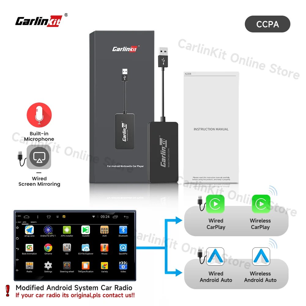 Carlinkit CarPlay Wireless Android Auto Wireless Dongle Зеркальное зеркало для системы Android Автомобильное зеркало Ariplay link USB Wi-Fi Ble, Wireless CCPA-Mic, CarlinKit Dongle