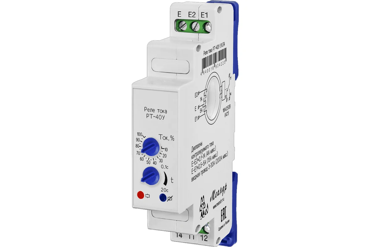 Реле контроля тока Меандр РТ-40У, клемное присоединение, 1 фаза, 17.5 мм, IP20