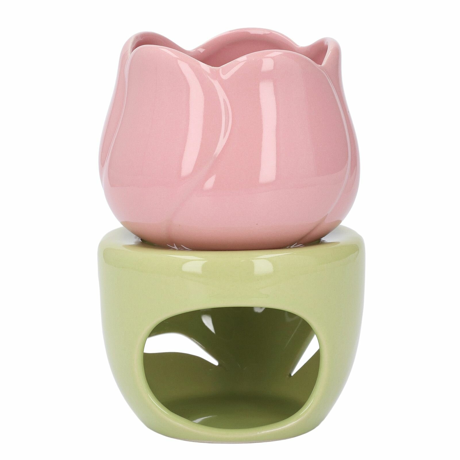 Керамический ароматизатор с цветочным дизайном, розовый, с зелёной подставкой