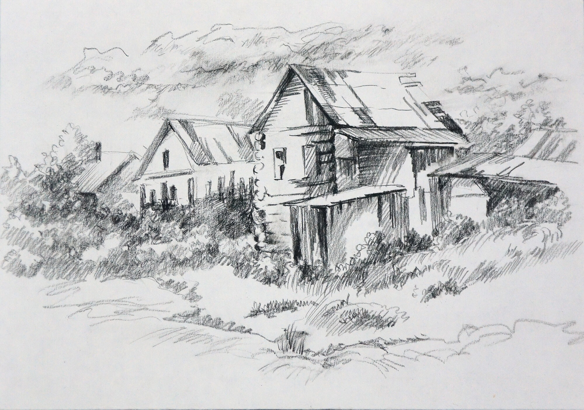 Деревенские домики • Пейзаж карандашом • Картина ручной работы