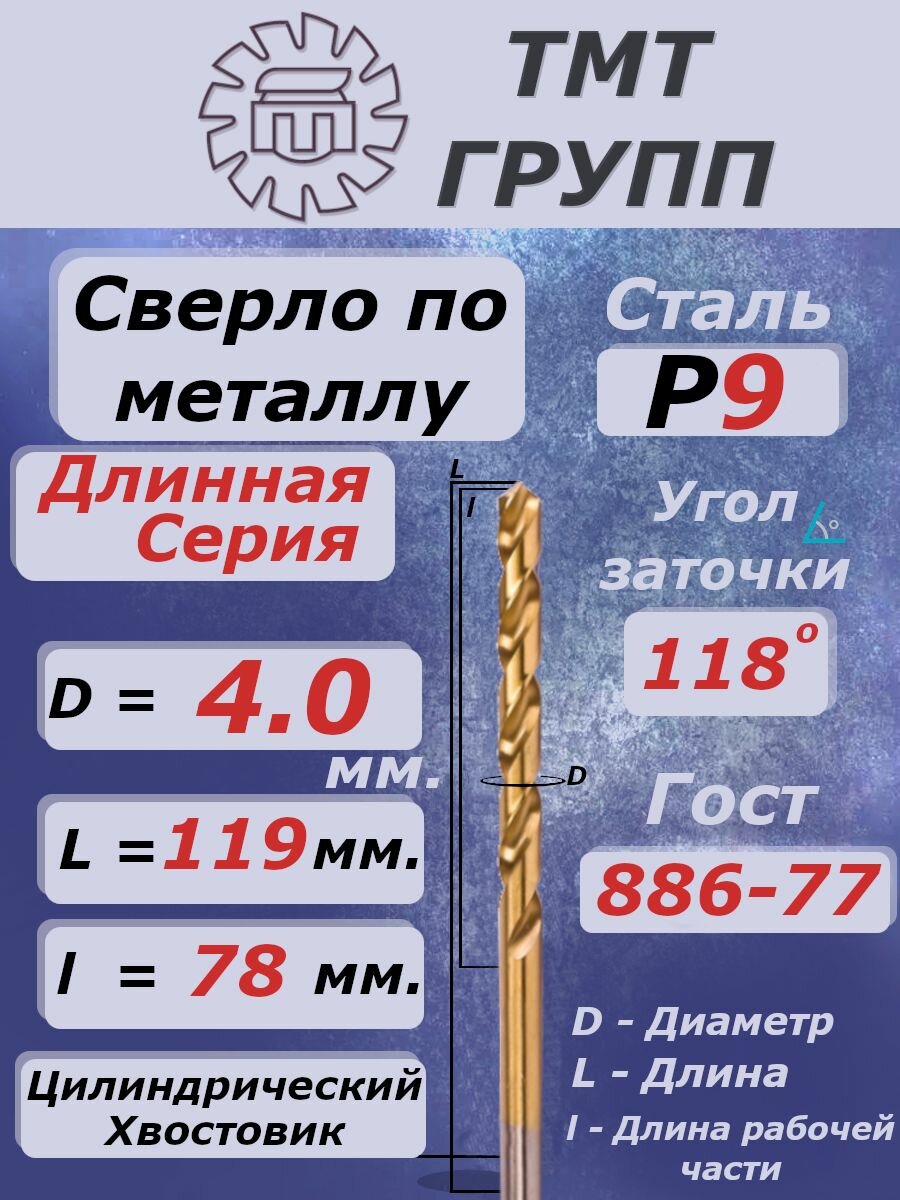 Сверло по металлу, цилиндрический хвостовик, ц/х, дл. 4 кл. А1 Р9 н/тит ТМ*