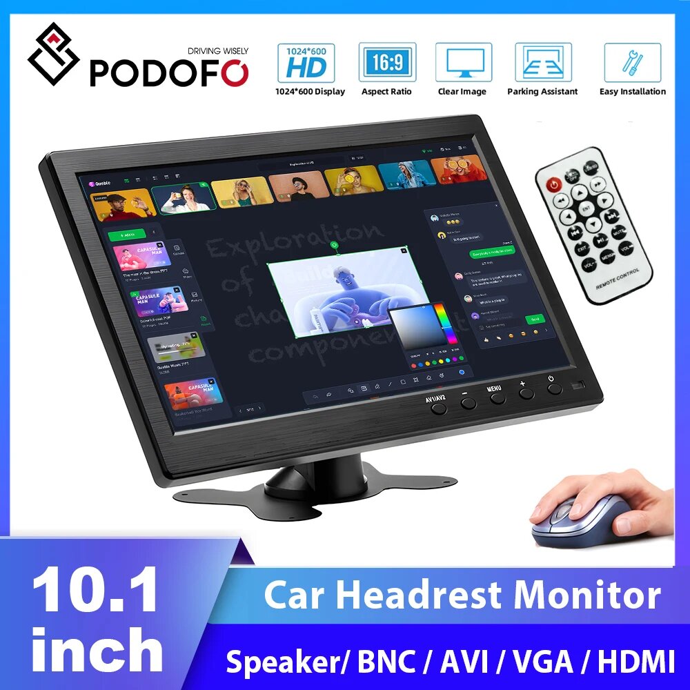 Автомобильный ЖК-монитор Podofo, 10,1 дюйма, HDMI, USB, AV, 2-канальный видеовход, монитор безопасности с динамиком для грузовика