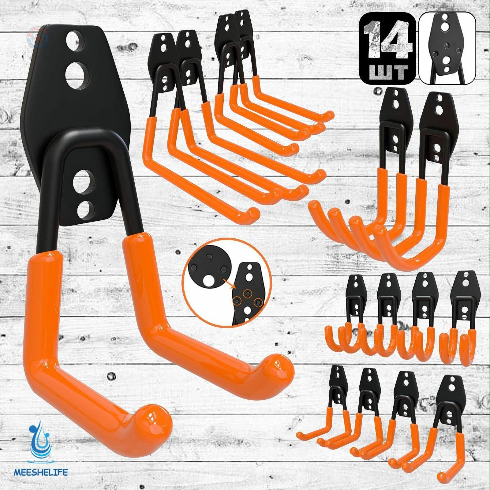 Гаражные крючки для хранения инструментов, нескользящие подвесы с ПВХ-покрытием, комплект 14 шт, разные размеры, до 42 кг, стальные крюки для лестниц, велосипедов, садовых и электроинструментов