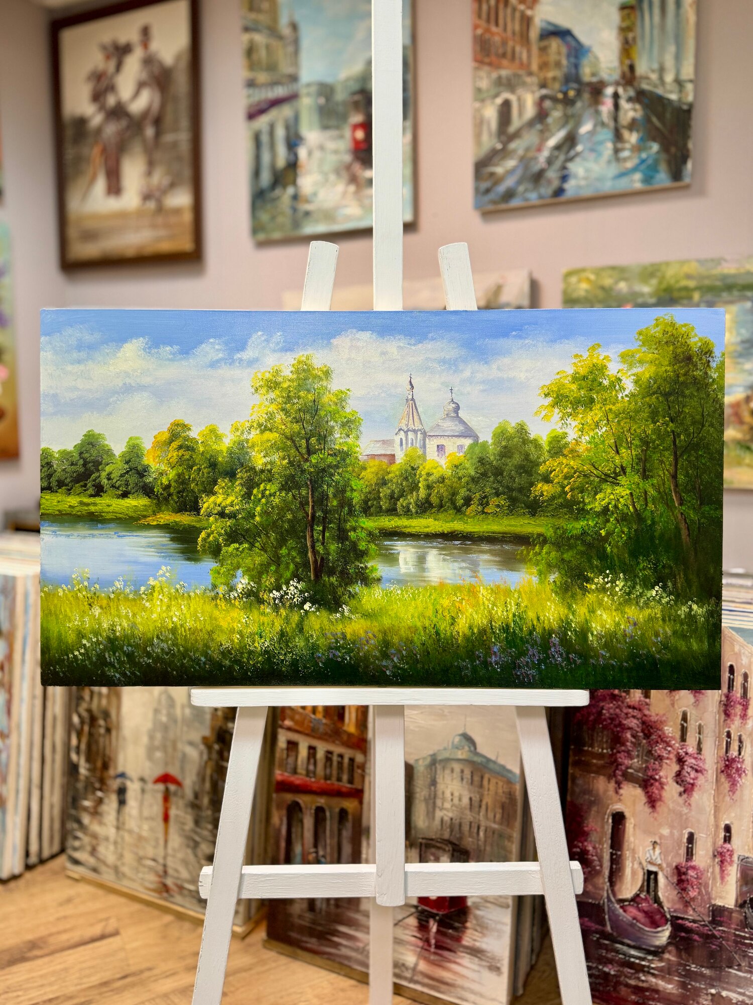 Картина маслом Летний пейзаж с храмом и рекой 50х90 см. Художественная мастерская Грёзы.