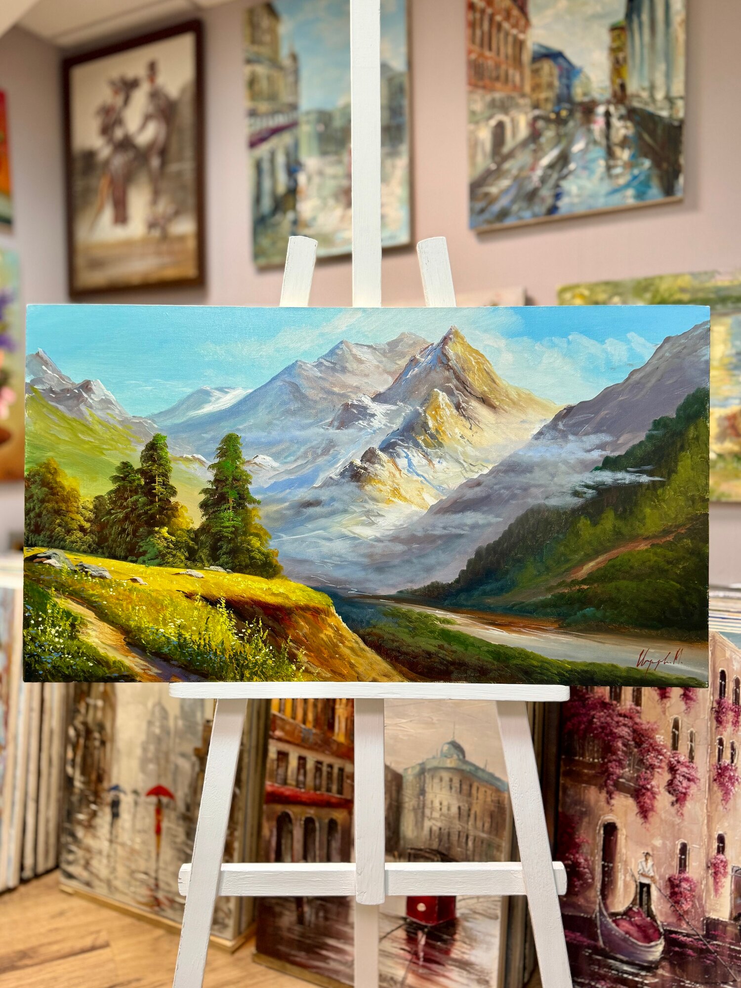 Картина маслом 90x50 см. Пейзаж с горами. Художественная мастерская Грёзы.