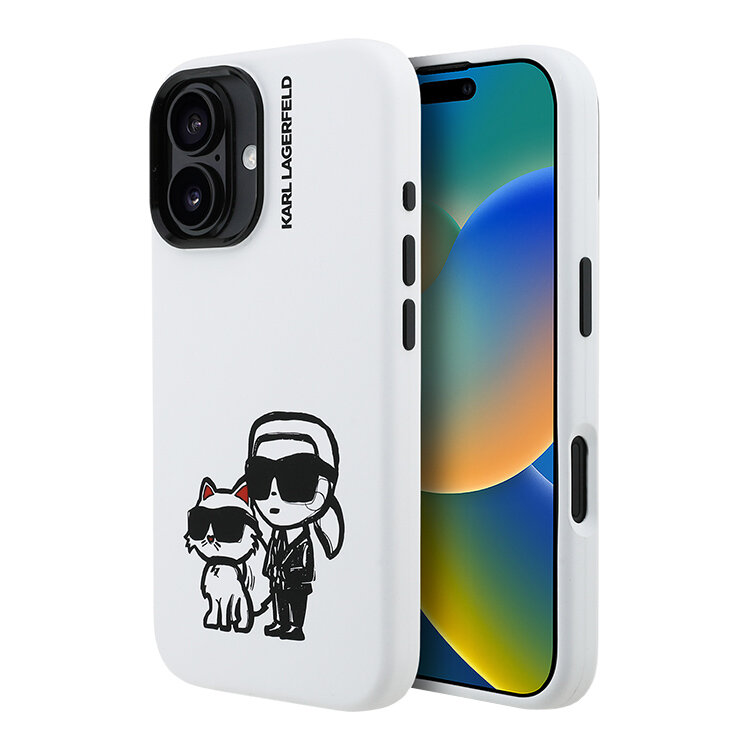 Karl Lagerfeld силиконовый чехол с MagSafe для iPhone 16, Sketch Karl&Choupette, белый