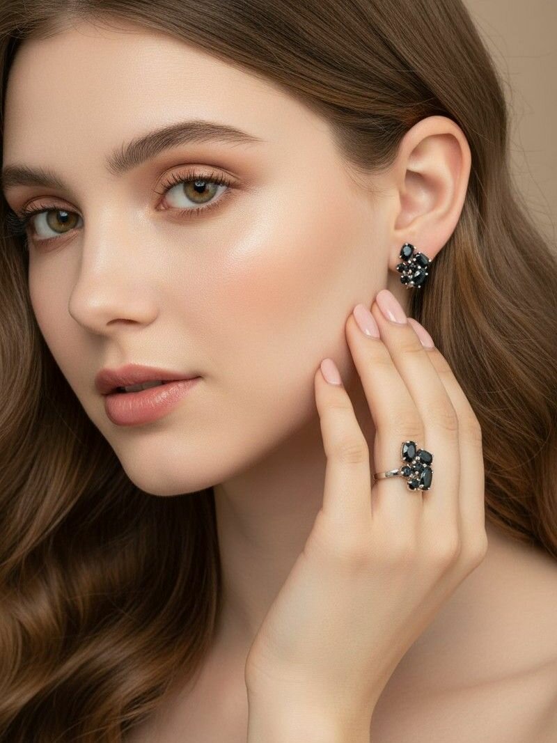 Ювелирный комплект, серебро, 925 проба, родирование, сапфир