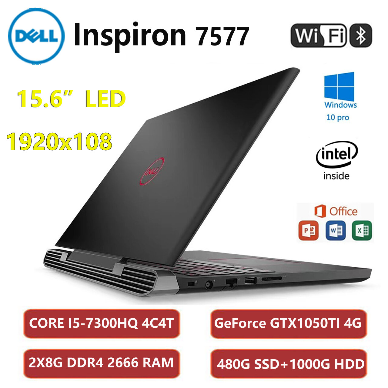 Подержанный ноутбук 15.6" DELL Inspiron 7577 ( CORE i5-7300HQ 4C4T+2X8GB DDR4 2400 RAM+480G M.2 NGFF SSD+1000G HDD+NVIDIA GTX1050TI 4G+Intel UHD 620 Видеокарта+1920X1080 IPS 4K) Win 10 pro