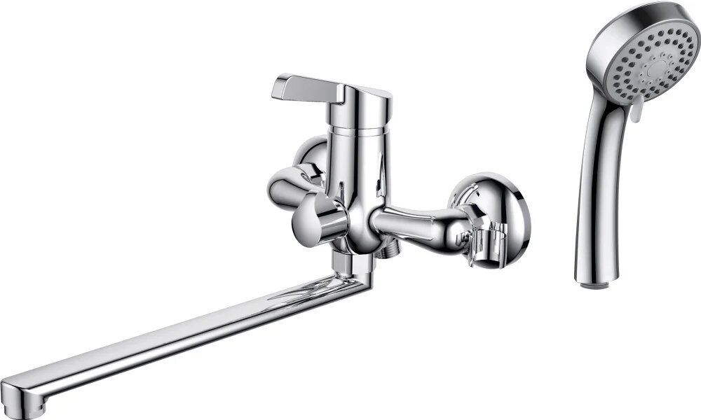 Смеситель с длинным изливом для ванны D&K Rhein Schiller DA1463301 с душевым гарнитуром, поворотный, латунный, хром, глянцевый, смеситель для ванны с душем, рычажный