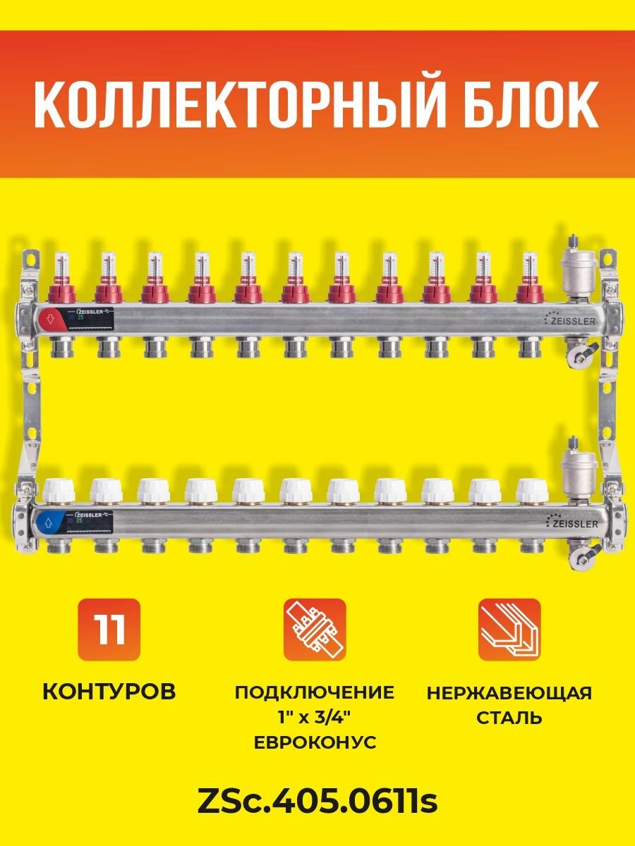 Коллекторный блок ZEISSLER на 11 выходов из нержавеющей стали с расходомерами, термостатическими клапанами, дренажными клапанами и авто-воздухоотводчиками 1*3/4 ЕК
