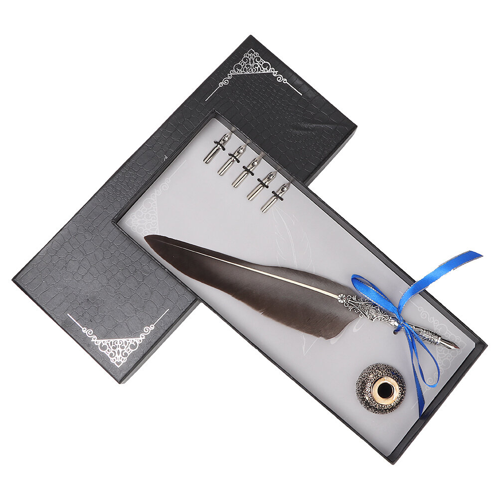 Европейская Винтажная Авторучка Feather Quill Dip Pen Набор Ручек Подарочная Коробка Черный и Белый
