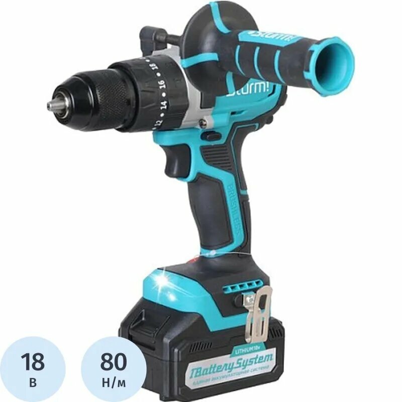 Дрель аккум б/щ Sturm, 18В, 1BatterySystem, 80Нм, 2х3.0Ач, 4в1 CD2080, 2129782