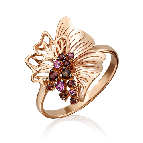 Кольцо, красное золото, 585 проба, гранат, кварц