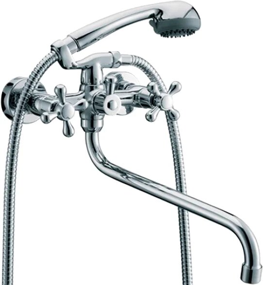 Смеситель с длинным изливом для ванны Kaiser Carlson Style 44255 с душевым гарнитуром, поворотный, латунный, хром, глянцевый, смеситель для ванны с душем, вентильный