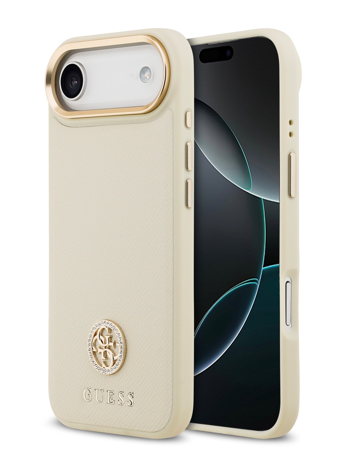 Guess чехол с MagSafe для iPhone Air, зернистая кожа PU 4G Diamond metal logo Gold camera, бежевый