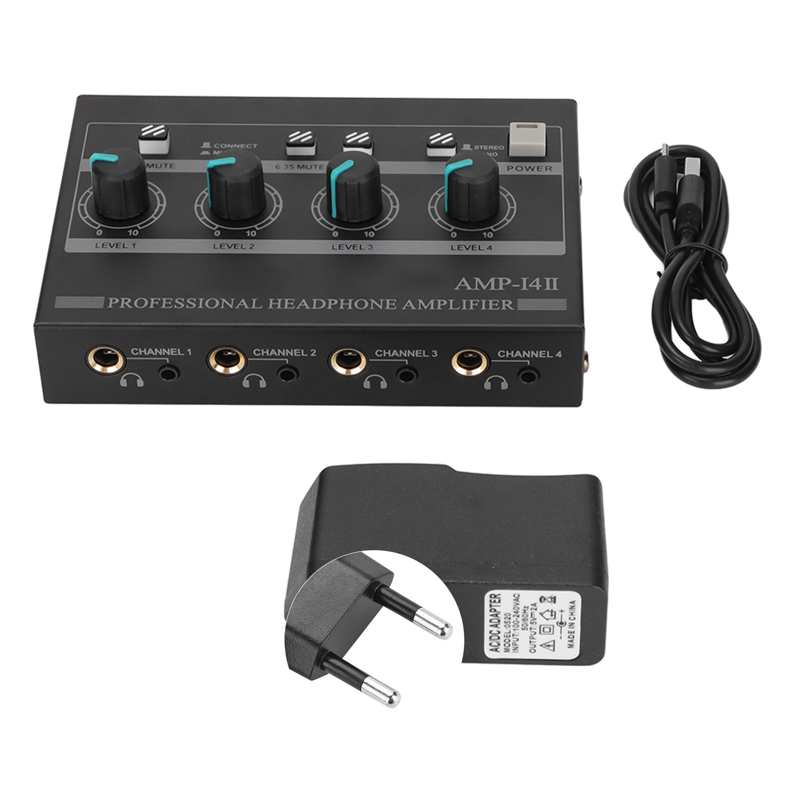 AMP 14II 4 Channel Headphone Amplifier Compact Way Stereo with 12V 2A Adaptor for Studio Stage 100 240V