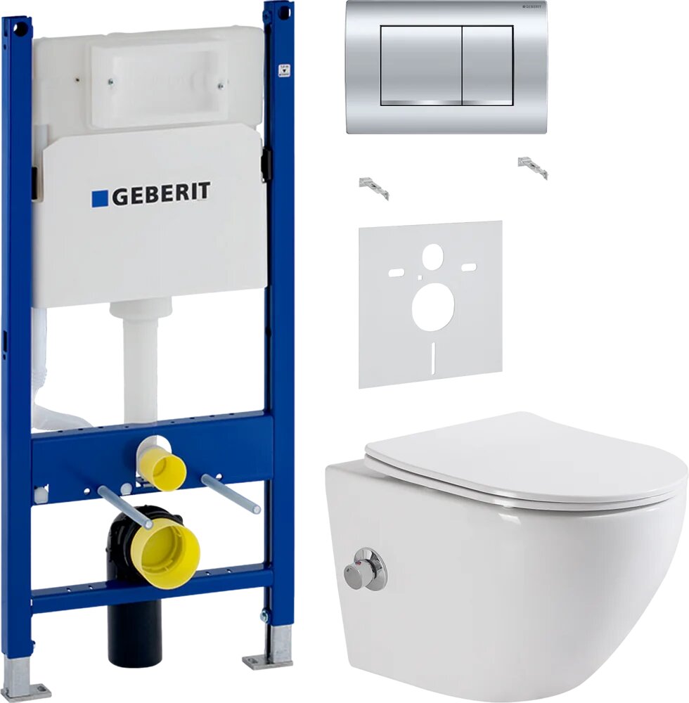 Комплект 3 в 1 Унитаз подвесной BelBagno Uno BB3105CHR-BS/SC / Звукоизоляция Geberit 156.050.00.1 / Инсталляция с кнопкой Duofix Delta 458.163.21.1 цвет хром
