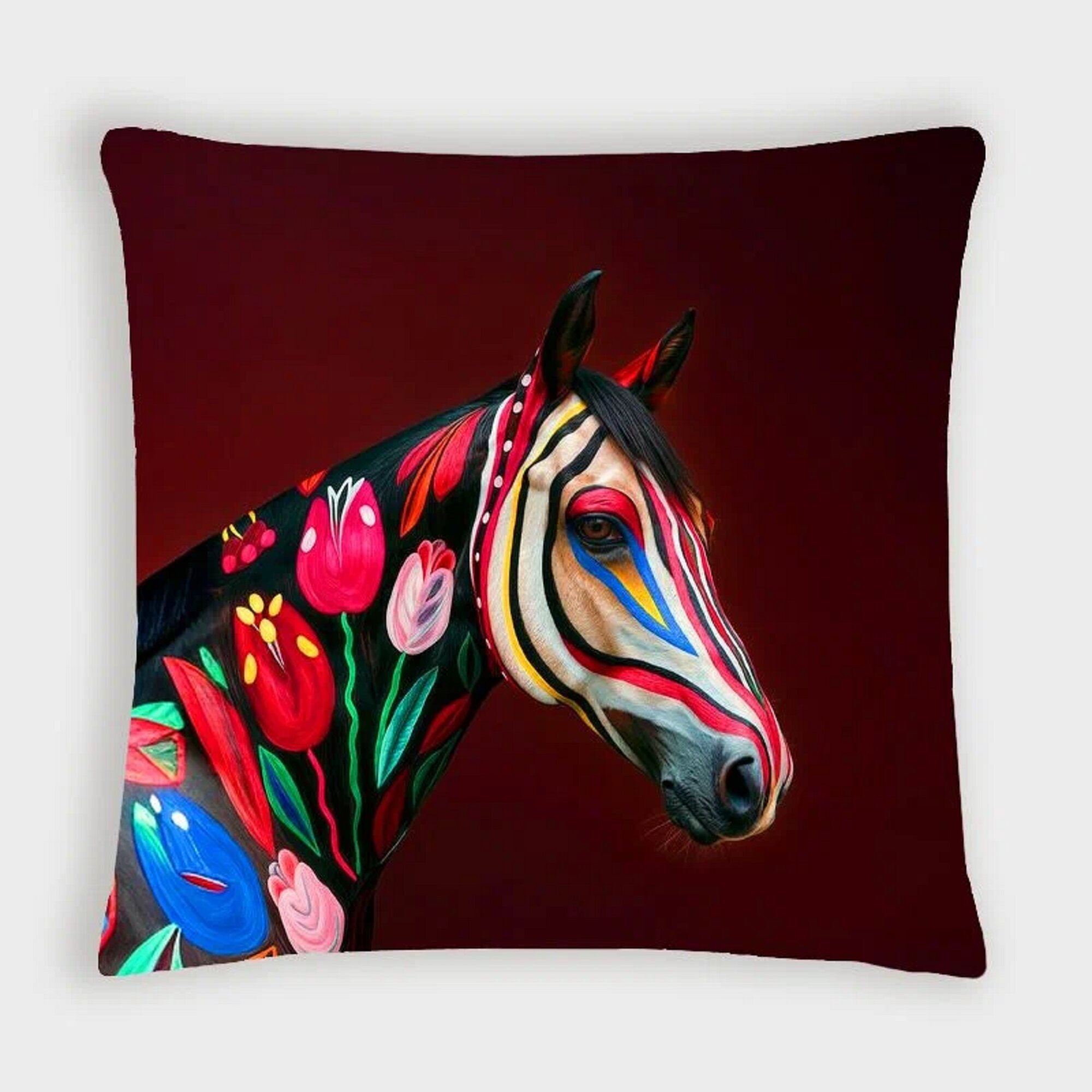 Подушка декоративная Черный конь в тюльпанах 40х40 велюр подарок, новый год, рождество