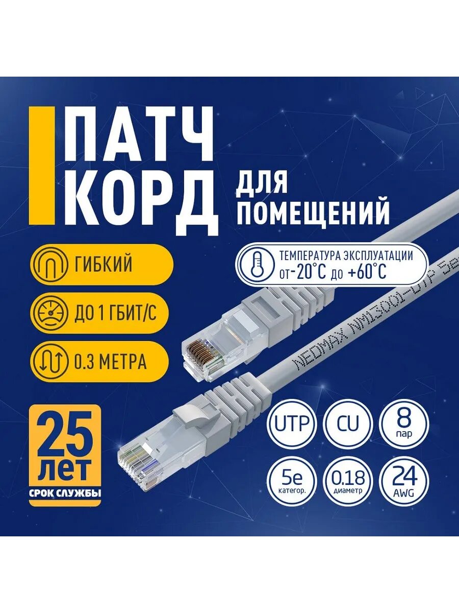 Патч-корд серый 0,3м UTP cat.5е многожильный (NM13001-003)