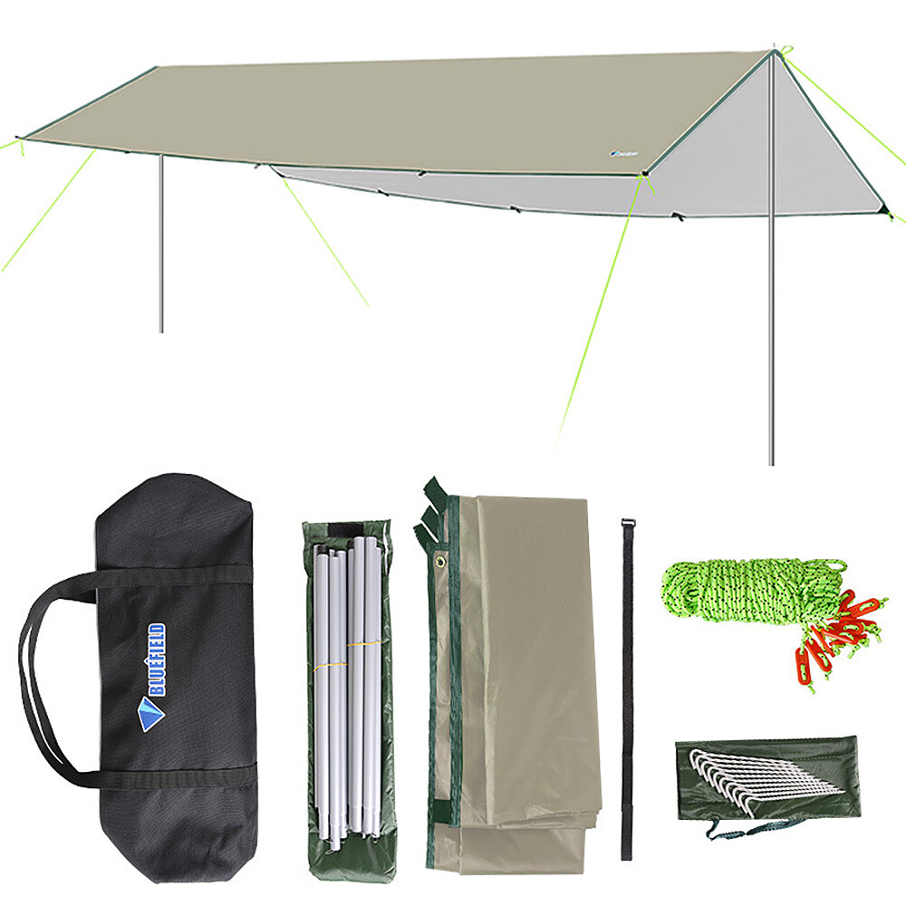 Аwninng Waterproof Tarp Tent Shade 3x5m с Pole Folding Camping Canopy Ultralight Beach Sun Shelter для Camping Hiking and Survival Shelter, материал 210D Oxford Cloth + Silver Coating, цвет Green/Khaki, водонепроницаемость PU2000, размер M/L, в комплект
