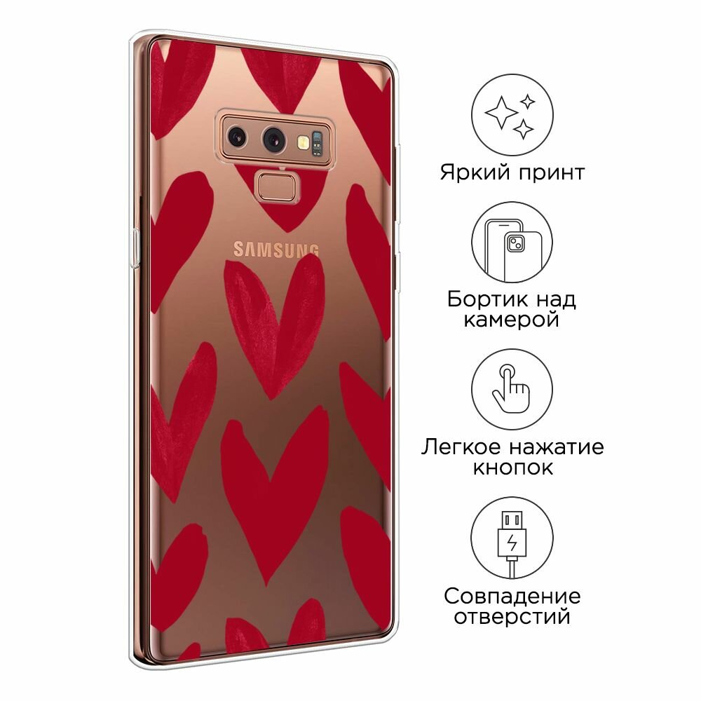 Чехол на Samsung Galaxy Note 9 / Самсунг Галакси Нот 9 с принтом "Красные сердечки рисунок - 14 февраля", прозрачный — фото 1