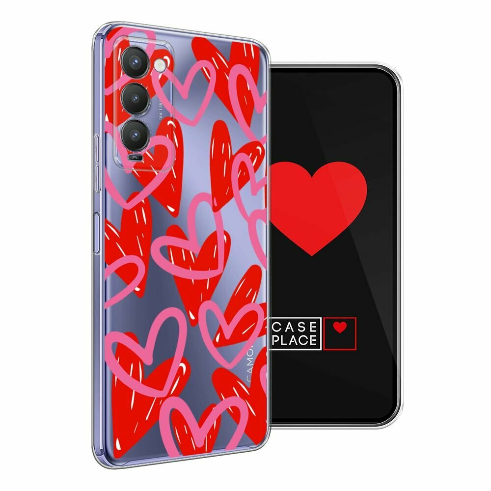 Чехол на Tecno Camon 18/18T / Текно Камон 18/18T с принтом "Hearts doodles - 14 февраля", прозрачный — фото 1