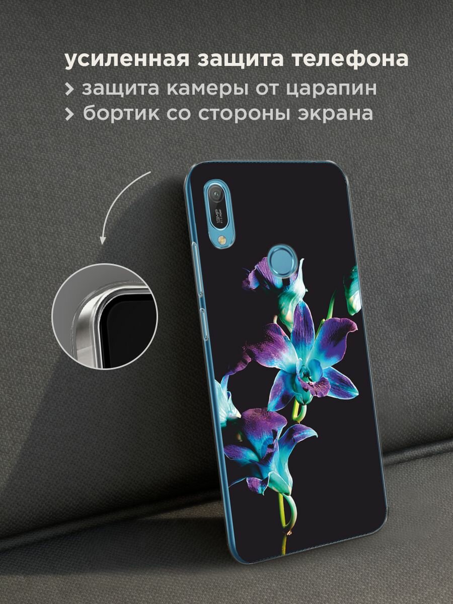 Чехол на Honor 8A/8A Pro/Huawei Y6s/Y6 2019 / Хонор 8А с принтом "Синий цветок на черном" — фото 1