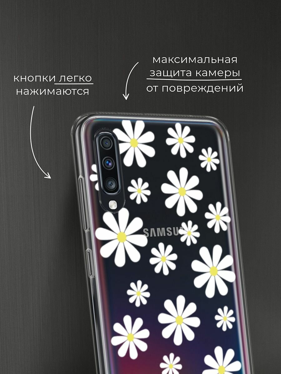 Чехол на Samsung Galaxy A70 / Самсунг Галакси А70 с принтом "Большие ромашки", прозрачный — фото 1