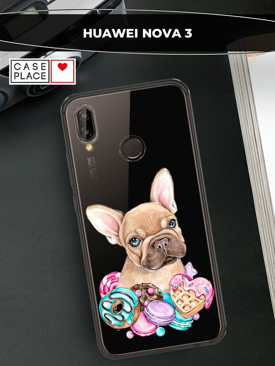 Чехол на Huawei Nova 3 / Хуавей Нова 3 с принтом "Бульдог и сладости", прозрачный